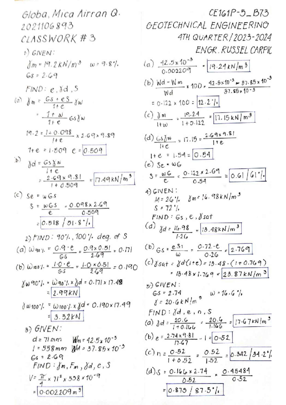 CLASSWORK 3 - Solutions - Globa, Mica Airran Q. 2021106893 GEOTECHNICAL ENGINEERING CLASSWORK 3 ...