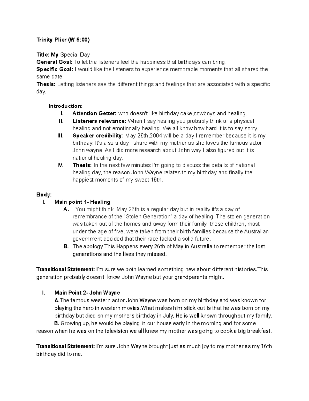 Trinity Plier-Speech Outline - Trinity Plier (W 6:00) Title: My Special ...