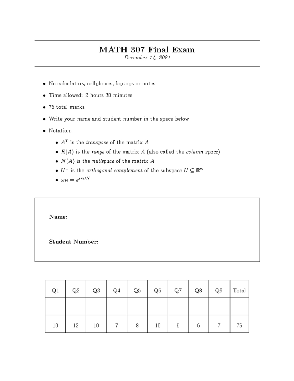 Math307 2021w1 Final Math 307 Final Exam December 14 2021 No