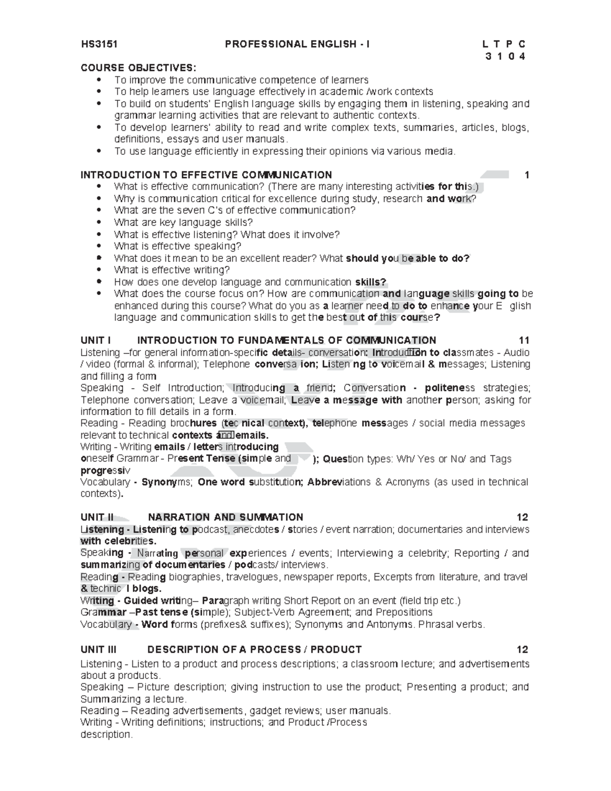 HS3151 Syllabus - materials - HS3151 PROFESSIONAL ENGLISH - I L T P C 3 1 0 4 COURSE OBJECTIVES ...