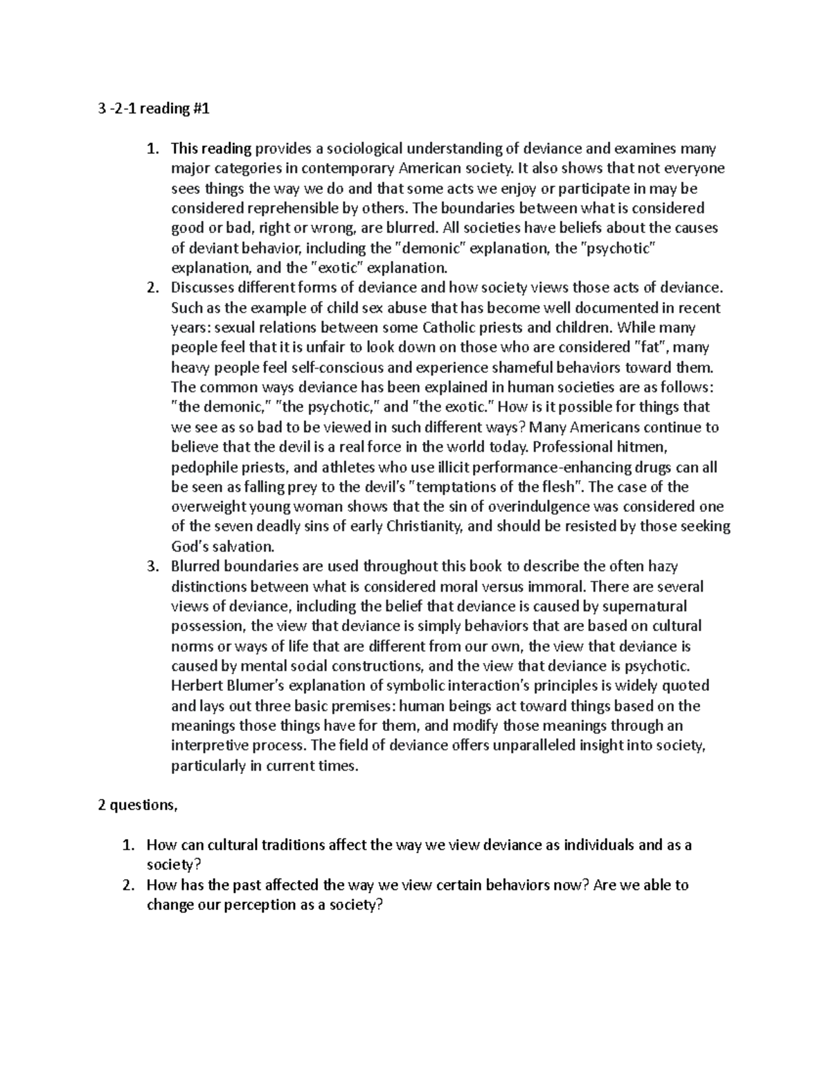 3-2-1 reading #1 - This reading provides a sociological understanding ...