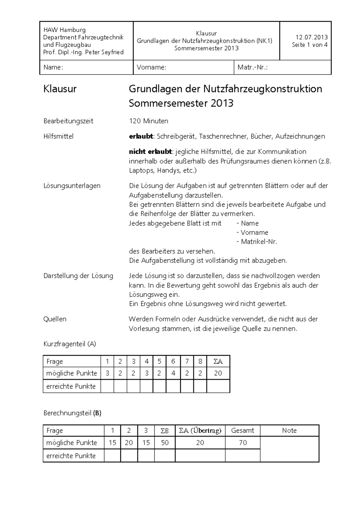 Klausur Sommersemester 2013, Fragen - HAW Hamburg Department Fahrzeugtechnik und Flugzeugbau ...