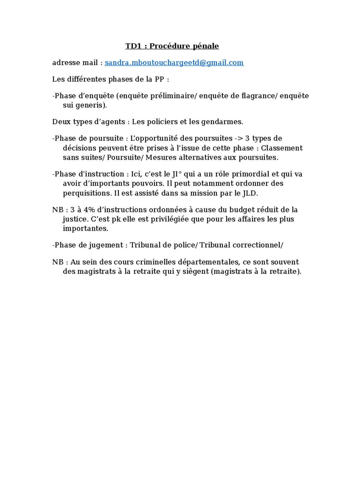 Cours TD1 PP - procédure pénale - TD1 : Procédure pénale adresse mail : sandra@gmail Les ...