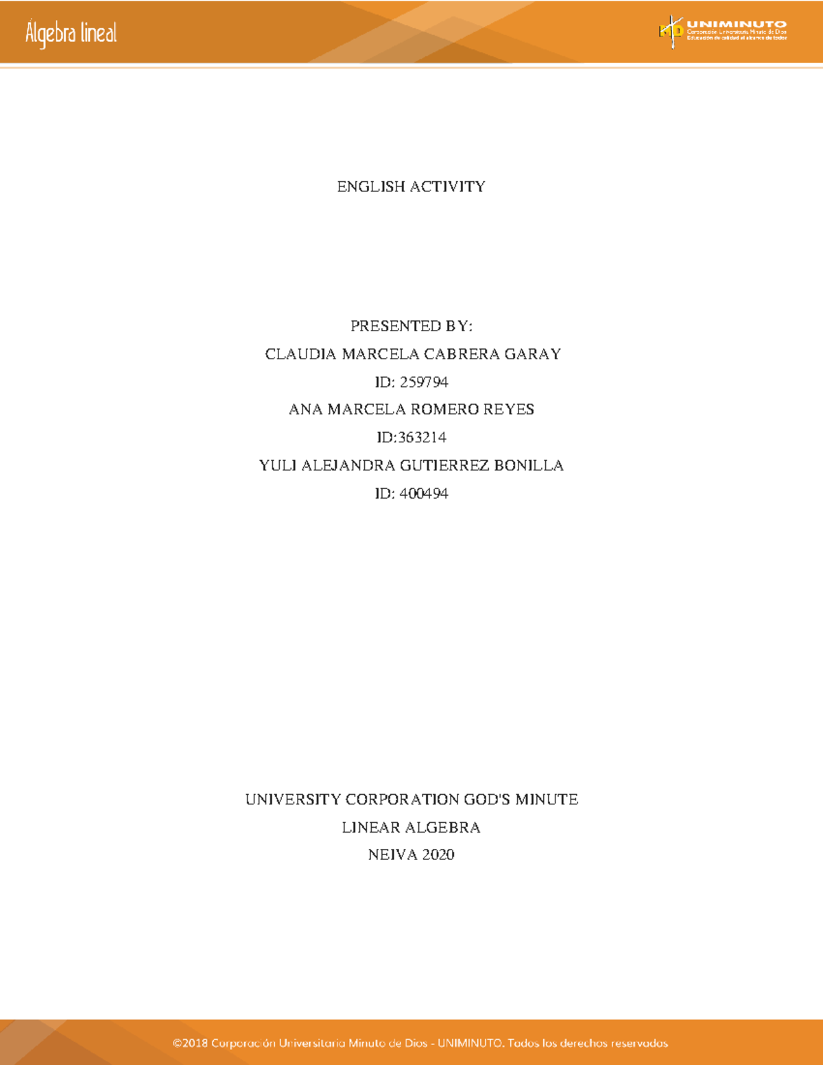 1. Activity English Algebra Lineal - ENGLISH ACTIVITY PRESENTED BY ...