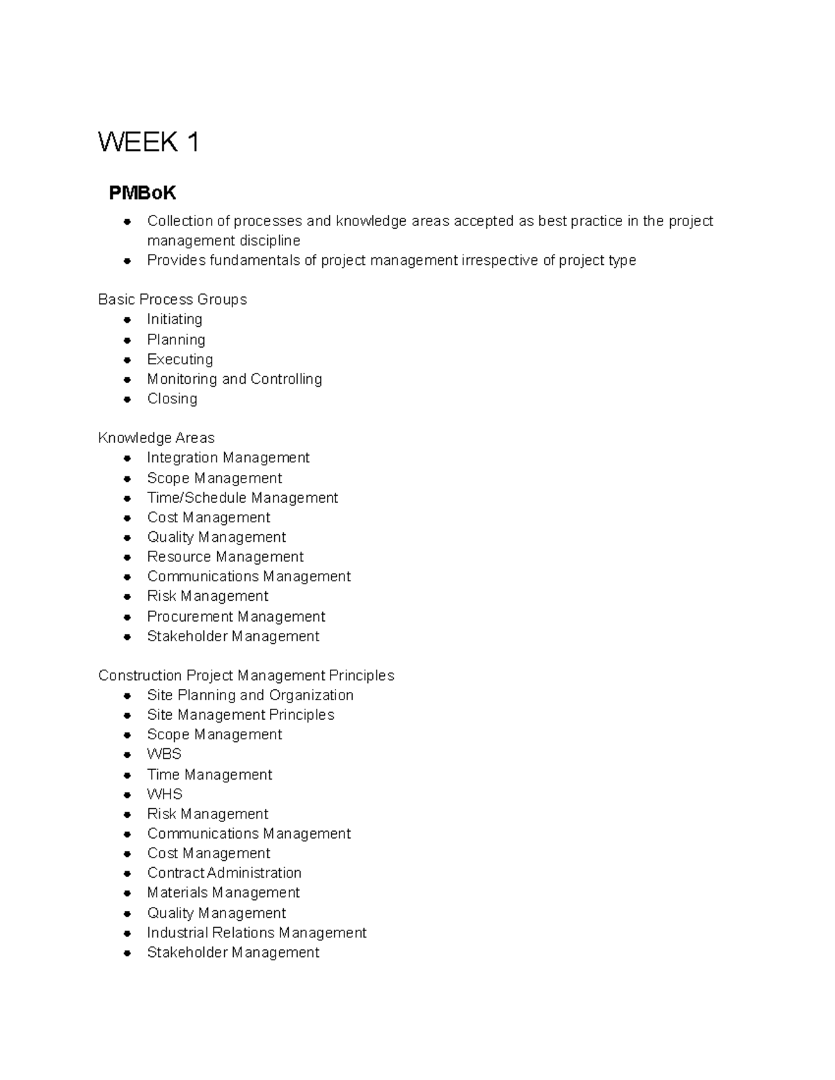 Construction Project Management Principles Notes - WEEK 1 PMBoK ...