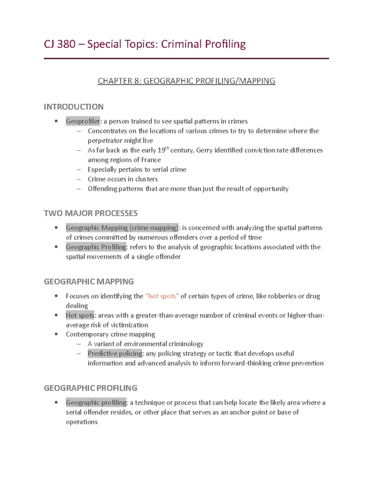 CJ 380 - Chapter 8 Geographic Profiling and Mapping - CJ 380 – Special Topics: Criminal ...