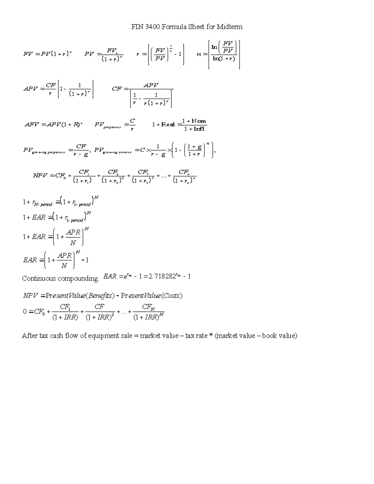 Formula sheet for midterm - FIN 3400 Formula Sheet for Midterm 1 ln 1 1 ...