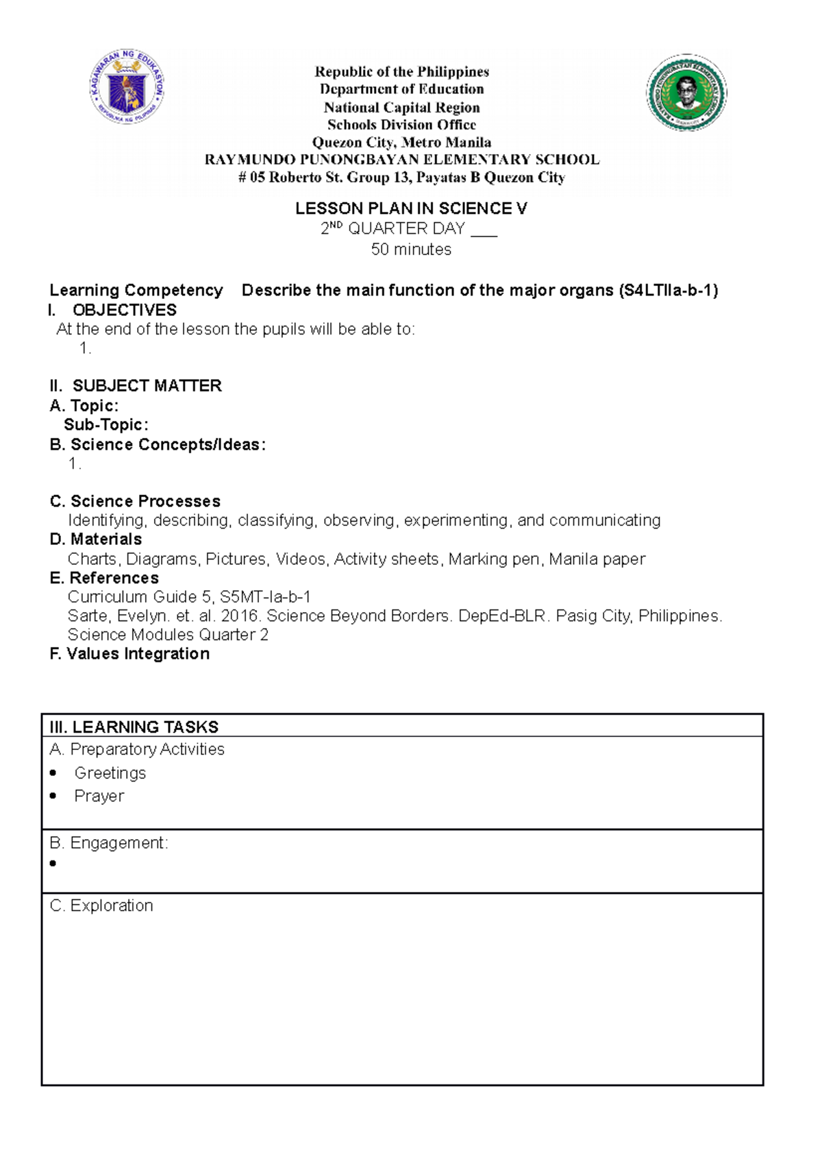 Science 5 Q2 Template - Lesson material - LESSON PLAN IN SCIENCE V 2 ND ...