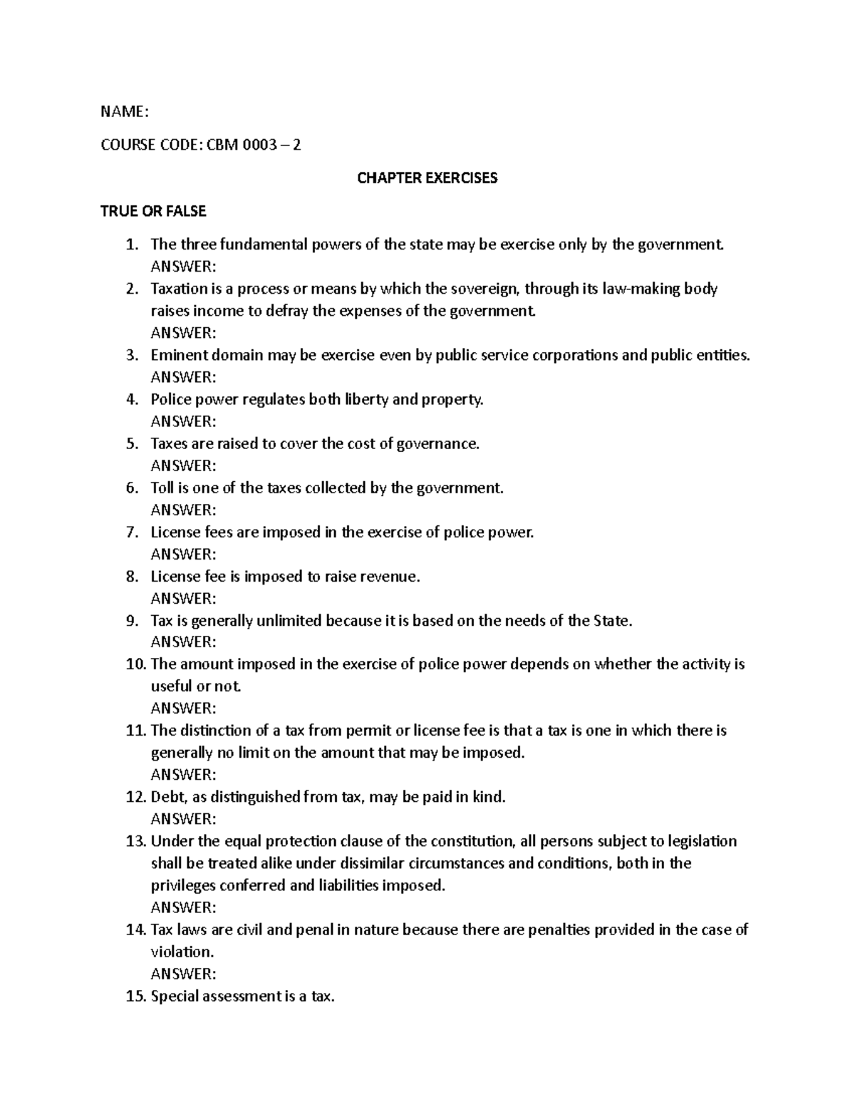 Chapter- Exercise-1 - NAME: COURSE CODE: CBM 0003 – 2 CHAPTER EXERCISES ...
