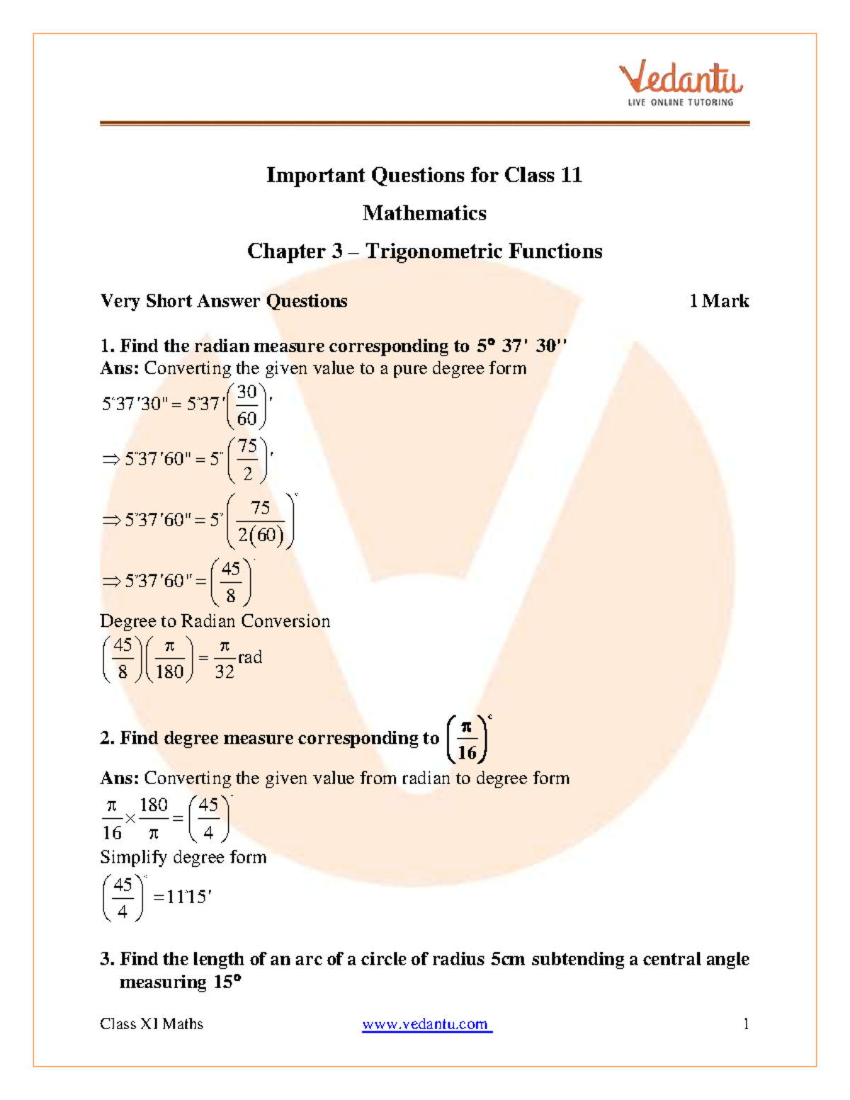 Important Questions with Solutions for CBSE Class 11 Maths Chapter 3 ...