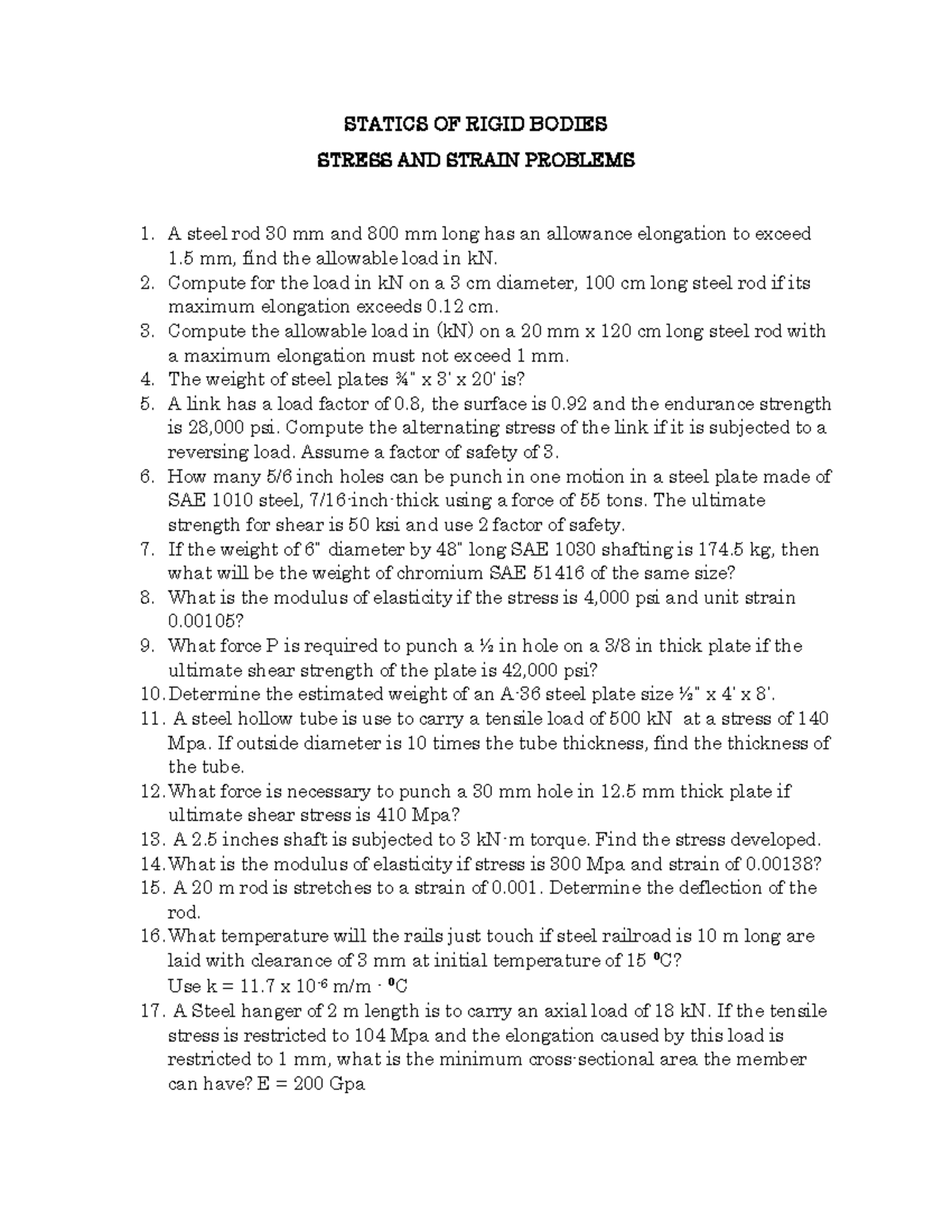 Statics of Rigid Bodies Practice Problems Stress Strain - STATICS OF RIGID BODIES STRESS AND ...