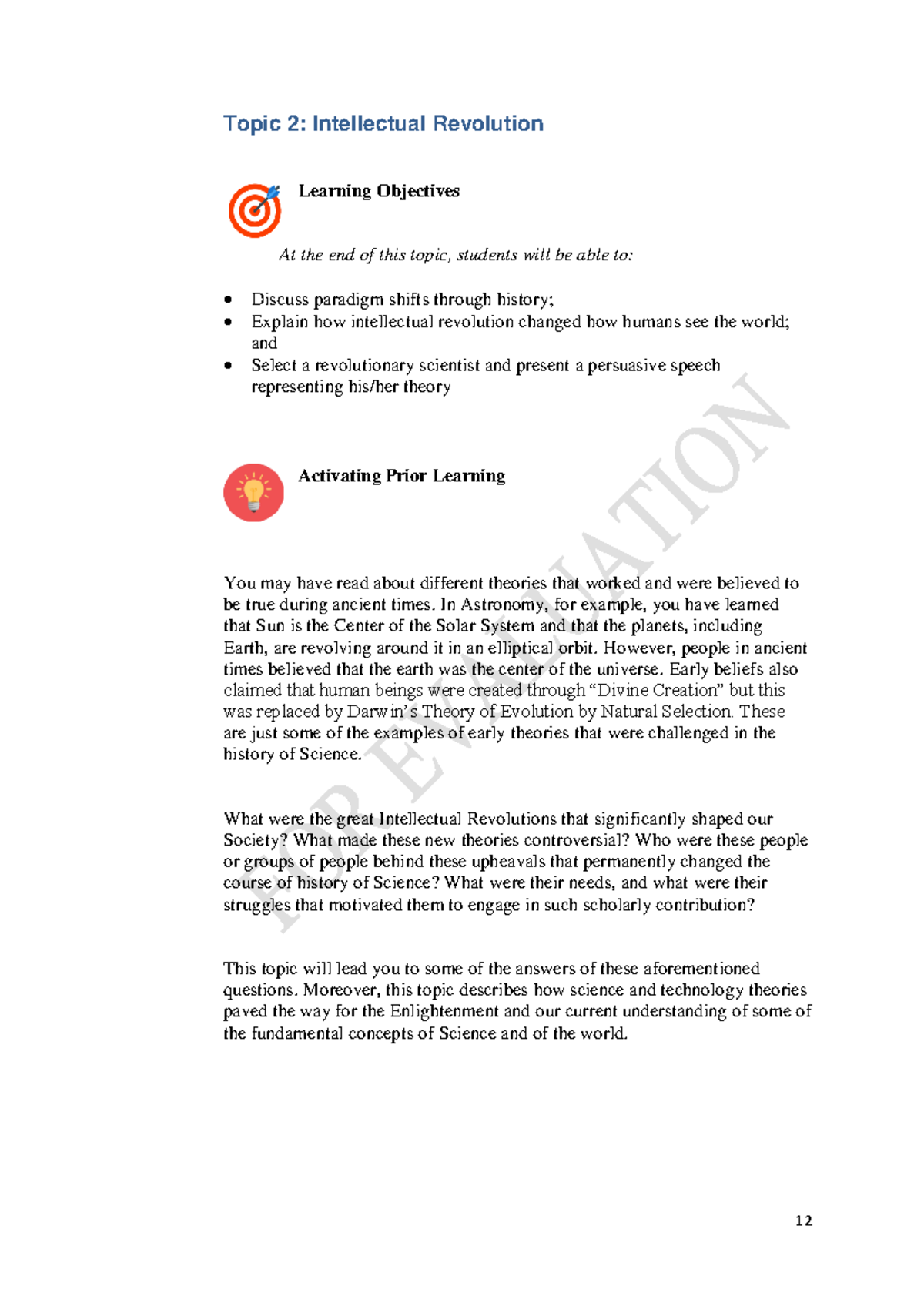 STS Module 2 - Chapter 2 - Topic 2: Intellectual Revolution Learning Objectives At the end of ...