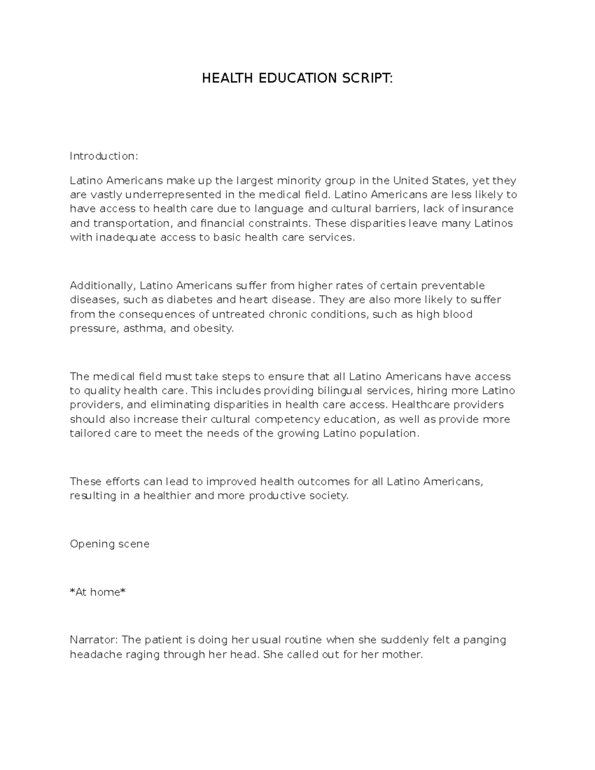 Health- Education- Script 1 - HEALTH EDUCATION SCRIPT: Introduction ...