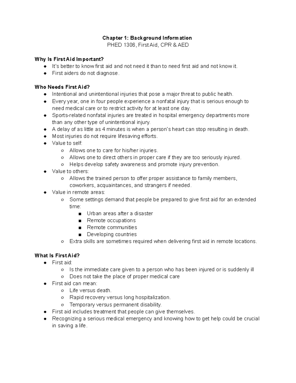 Chapter 1 Background Information - Chapter 1: Background Information PHED 1306, First Aid, CPR ...