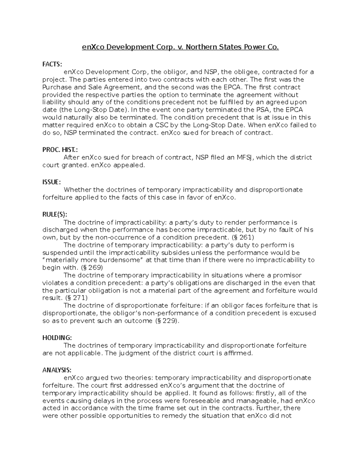 En Xco v. NSP - Case brief - enXco Development Corp. v. Northern States ...