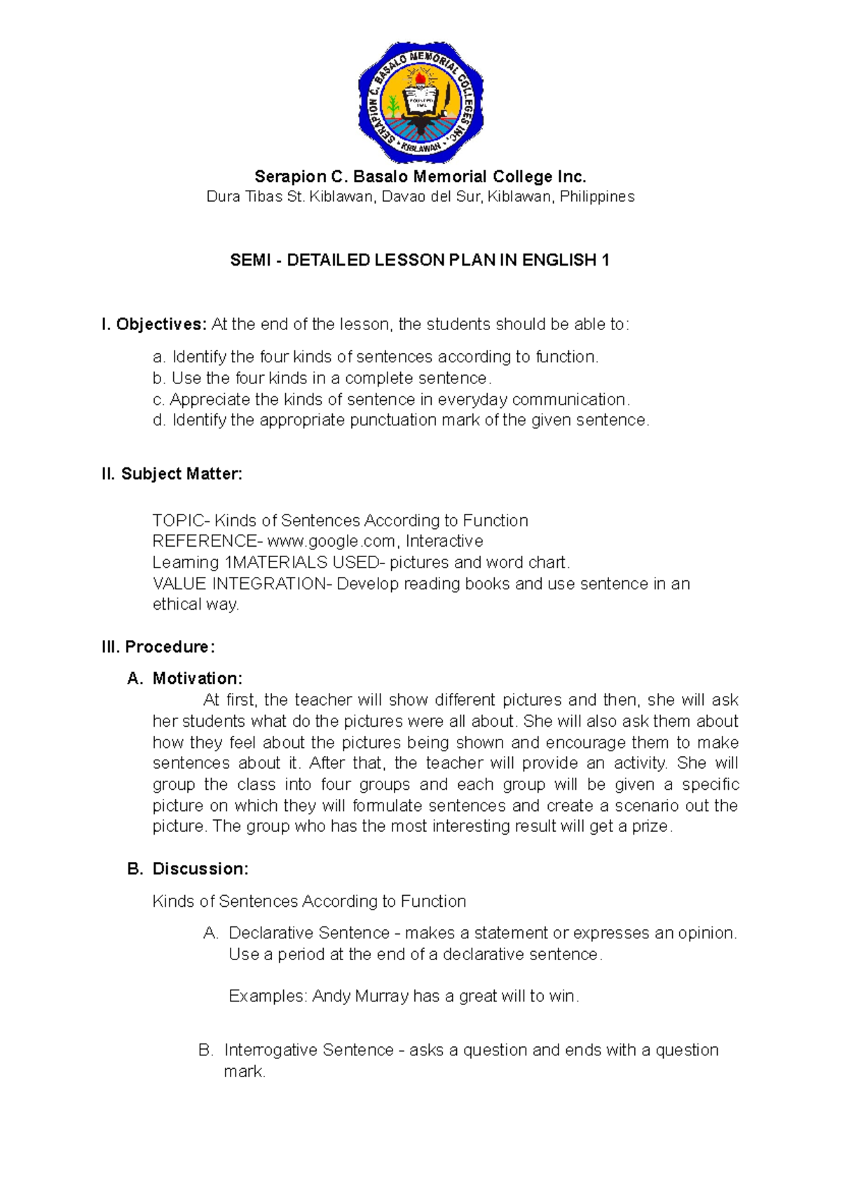 M Y semi detailed LP-4 types of sentences - Serapion C. Basalo Memorial ...