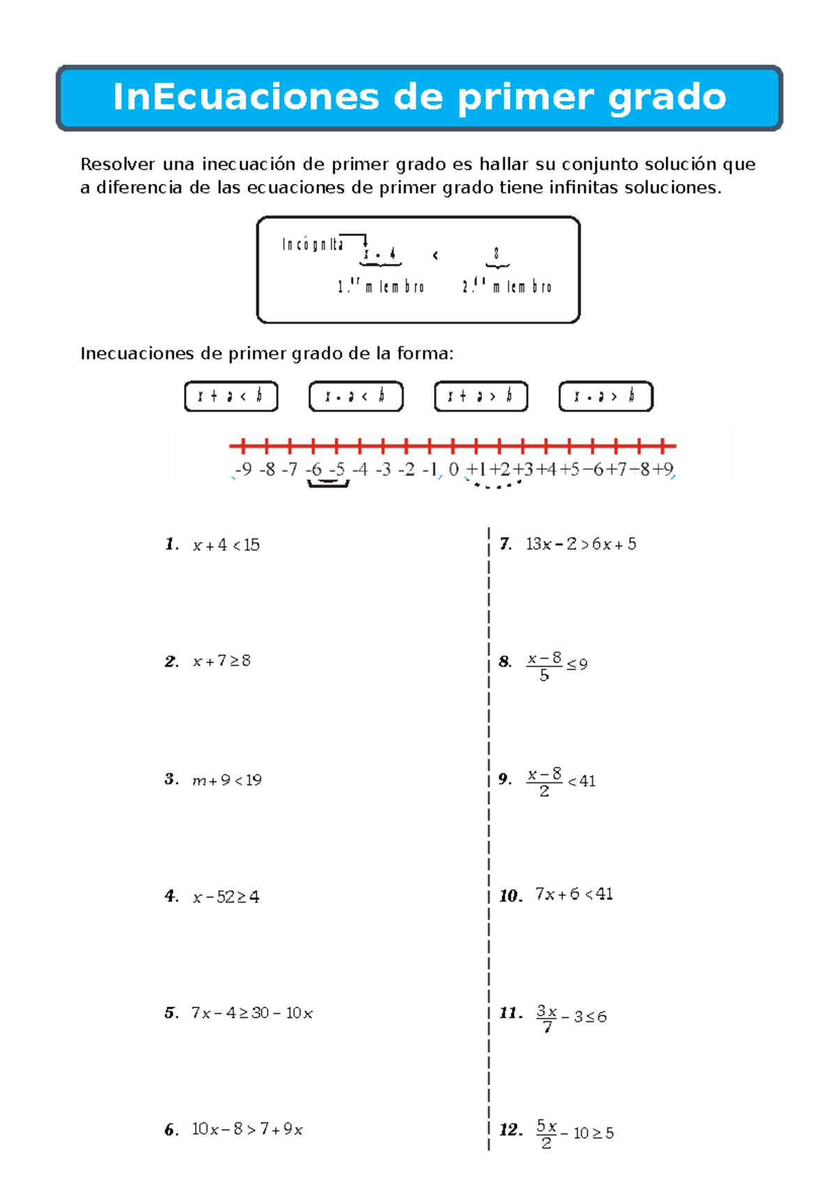 Inecuaciones de primer grado - I n c ó g n ita x 4 8 r o 1 .e m i e m b r o 2 .d m i e m b r o ...