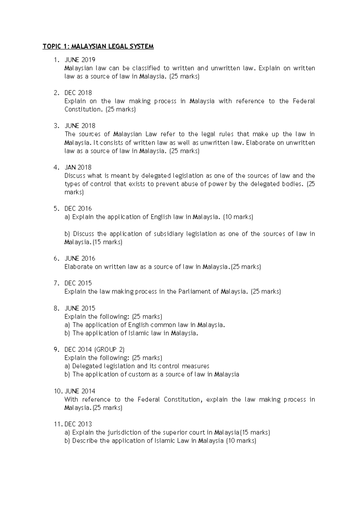 LAW 416- Updated Tutorial Question UITM - TOPIC 1: MALAYSIAN LEGAL ...