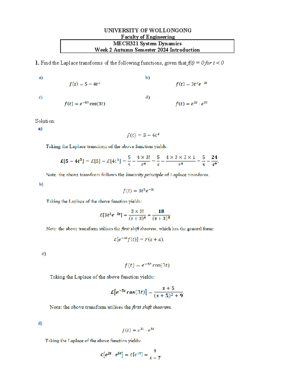 MECH321 Tutorial Week 2 Solution 2024 - UNIVERSITY OF WOLLONGONG Faculty of Engineering MECH321 ...