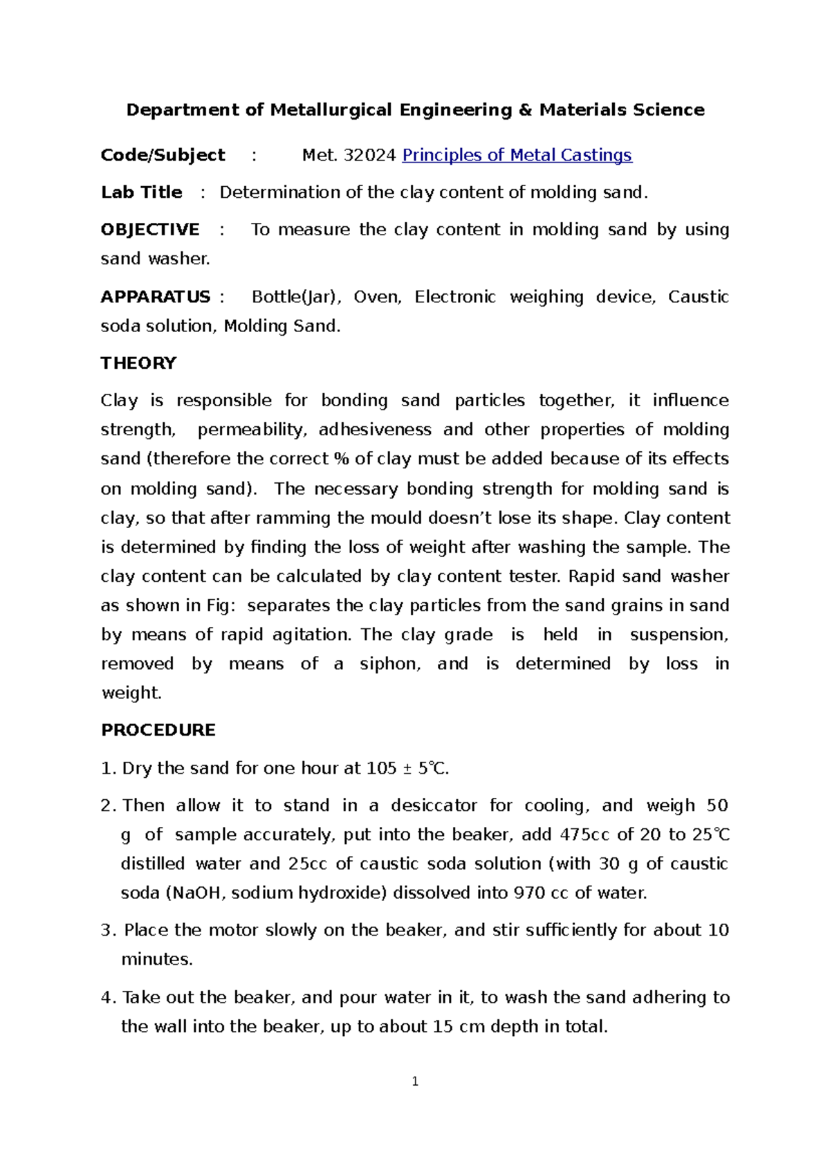 2-1 Foundry Lab Instructions - Department of Metallurgical Engineering & Materials Science - Studocu