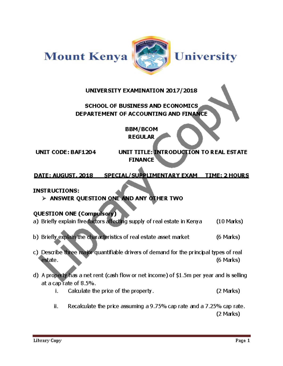 Baf1204 Introduction To Real Estate Finance Reg Supp Library Copy Page 1 University