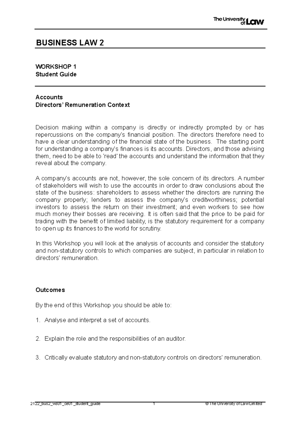 BL WS1 - BUSINESS LAW 2 WORKSHOP NOTES - BUSINESS LAW 2 WORKSHOP 1 ...