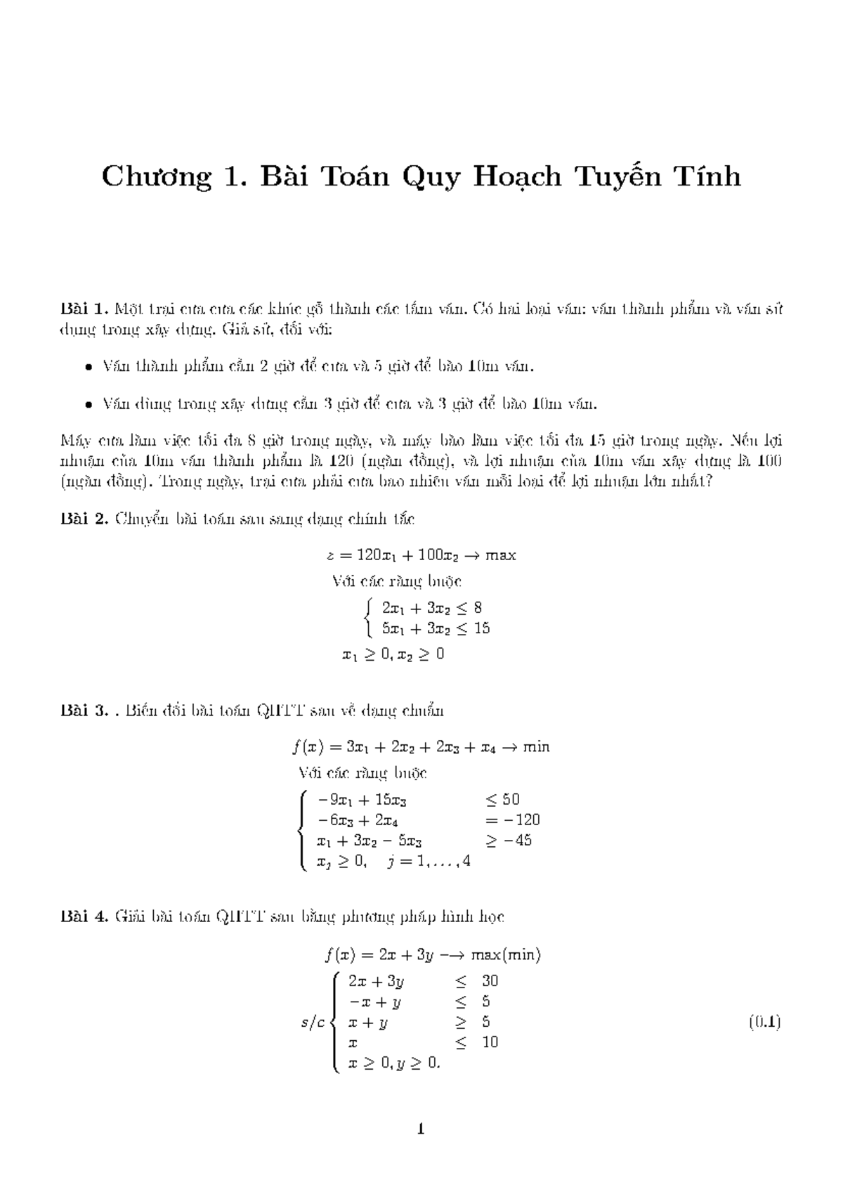 DBT Chương 1. Bài toán quy hoạch tuyến tính - Ch÷ìng 1. B i To¡n Quy Ho¤ch Tuy ̧n T½nh B i 1 ...