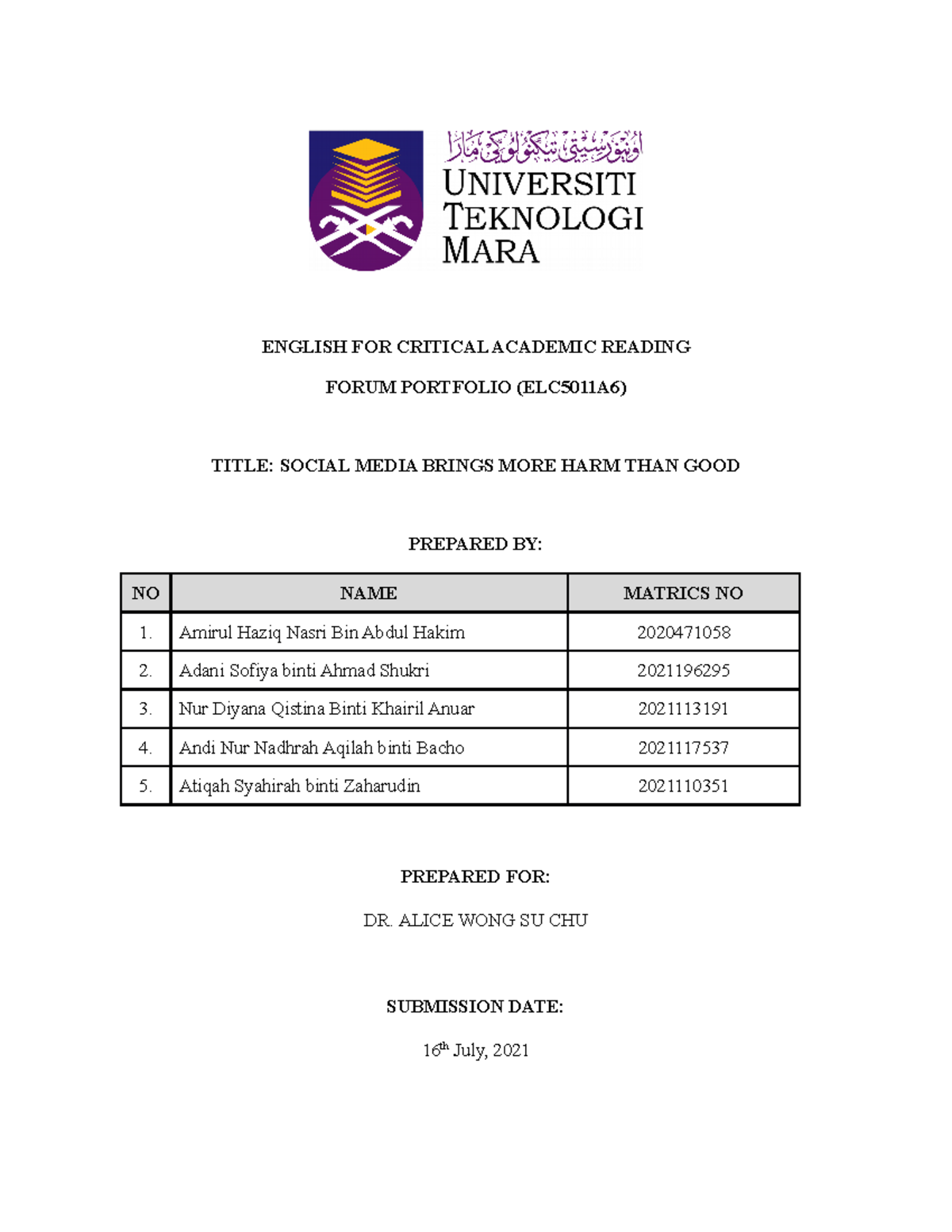 ELC501 1A6 Portfolio ( Group 1) - ENGLISH FOR CRITICAL ACADEMIC READING ...