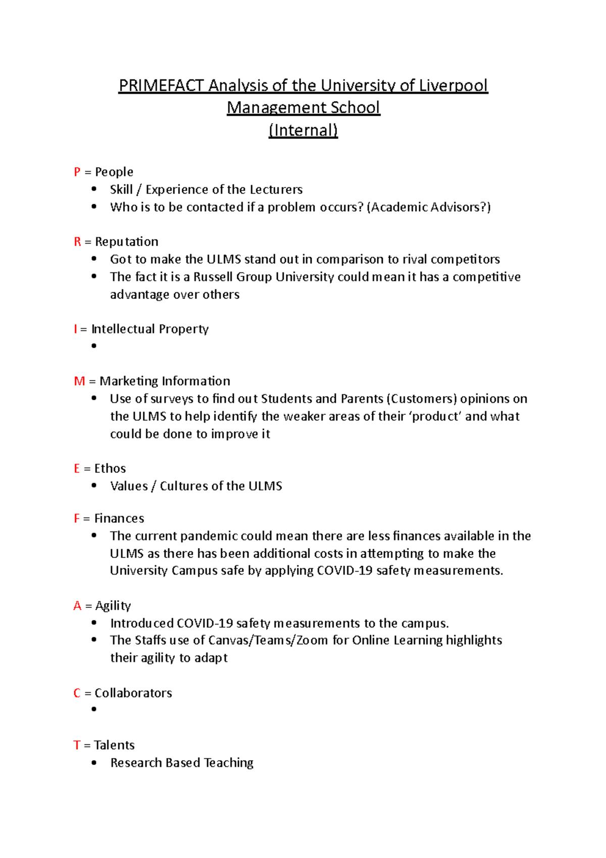 Primefact Analysis of the University of Liverpool Management School ...