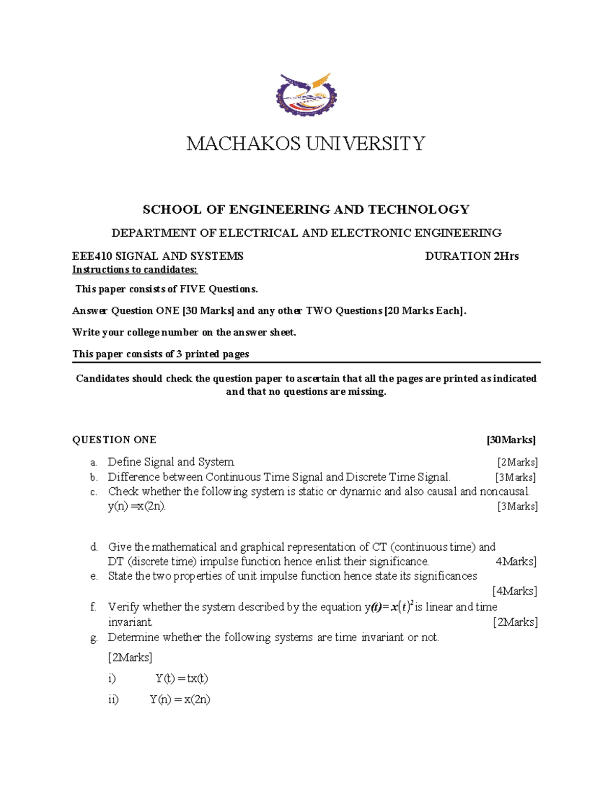 EEE410 Signal AND Systems MAIN - SCHOOL OF ENGINEERING AND TECHNOLOGY ...
