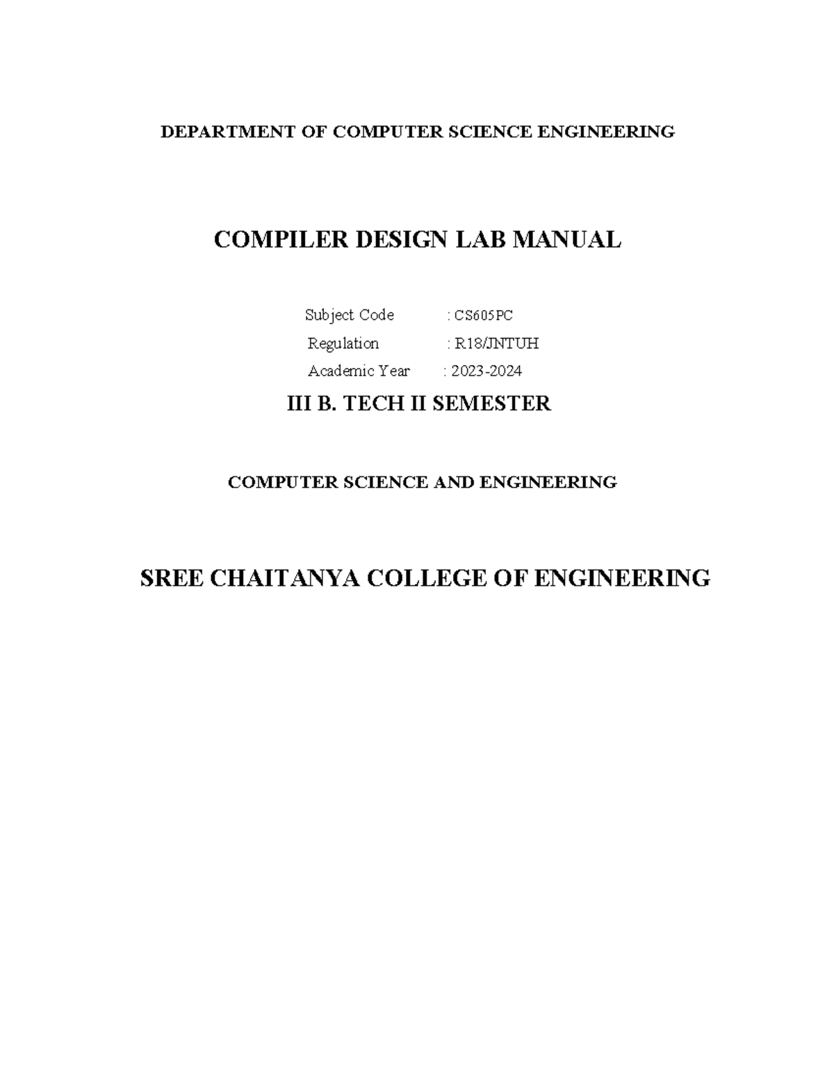 Compiler Design Lab Manual For Cse Iii Year Department Of Computer Science Engineering