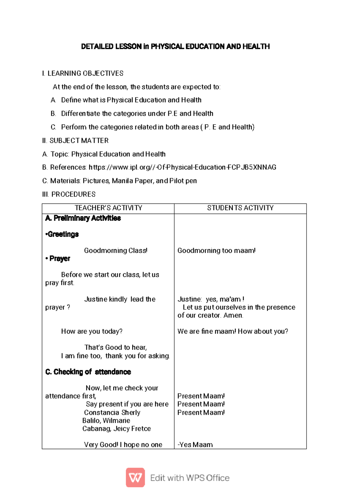 Detailed Lesson PLAN IN P.E and Health 021245 - DETAILED LESSON in ...