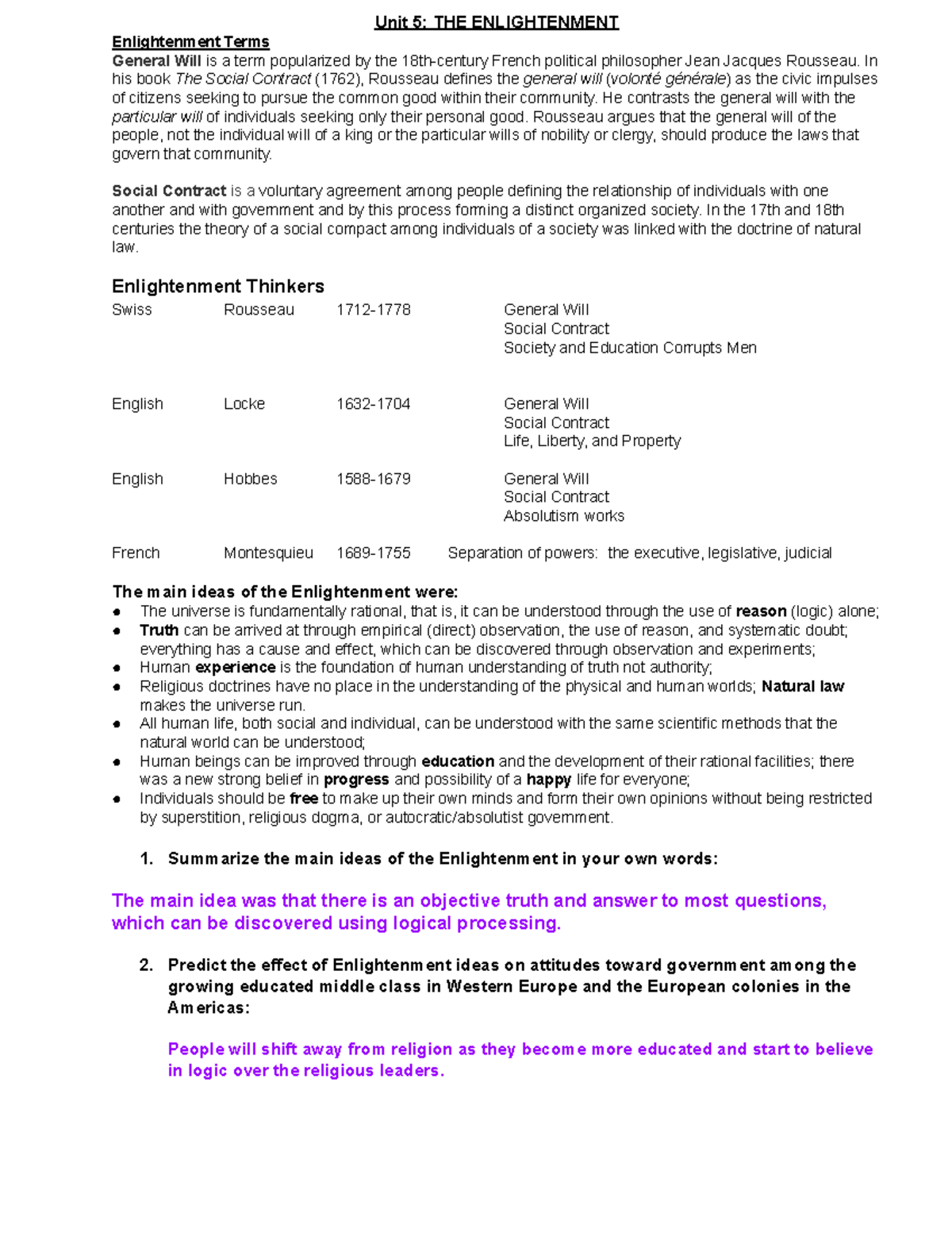Copy of Enlightenment Handout - Unit 5: THE ENLIGHTENMENT Enlightenment ...