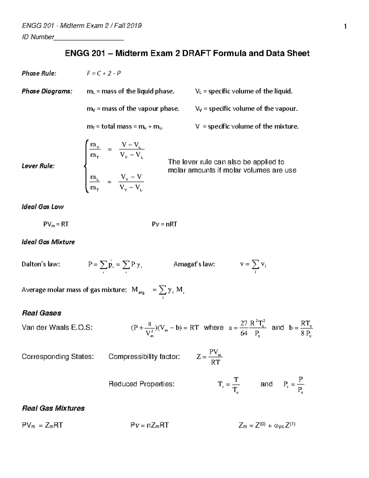 ENGG 201 Fall 2019 Midterm 2 Formula Sheet - Warning: TT: undefined function: 32 ENGG 201 ...