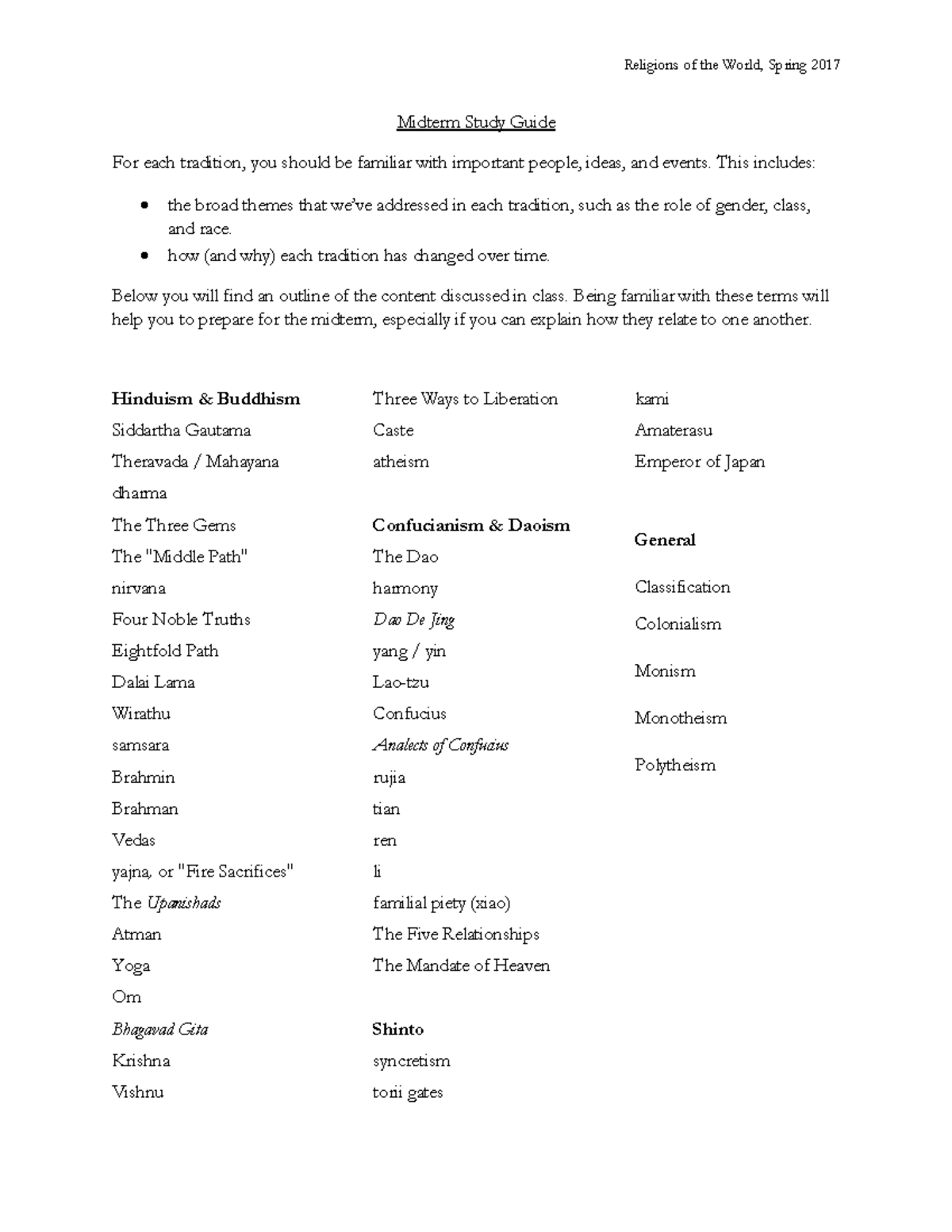 ROW Midterm Study Guide Spring 2017 - Religions of the World, Spring ...