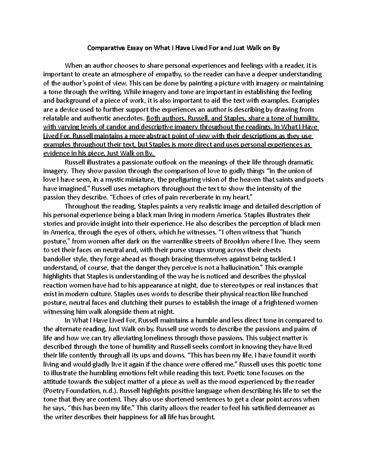 Essay 2 - Comparative Essay on What I Have Lived For and Just Walk on ...