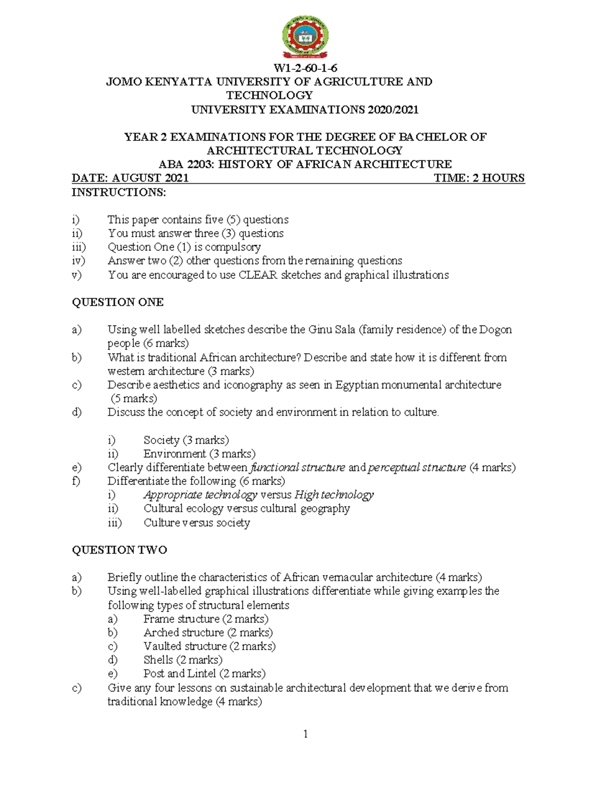ABA 2203 History OF African Architecture - W1-2-60-1- JOMO KENYATTA ...