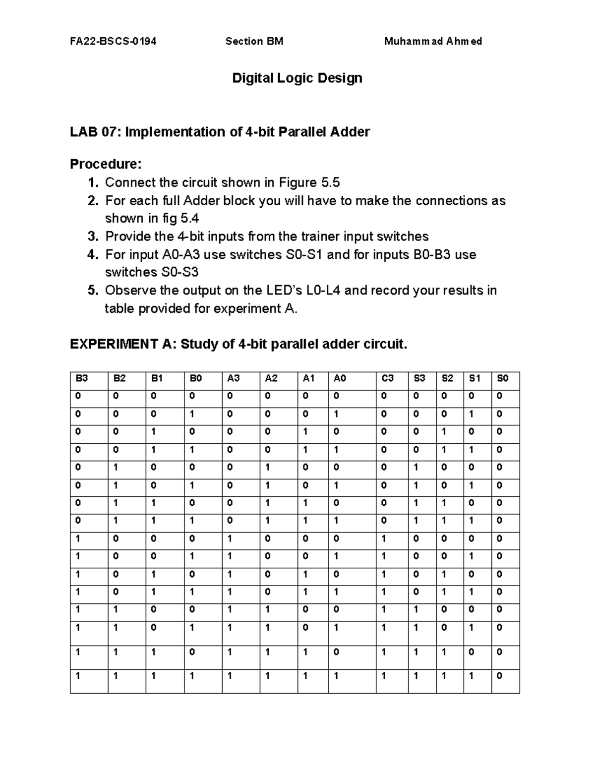 Circuit logic desing - Digital Logic Design LAB 07: Implementation of 4 ...