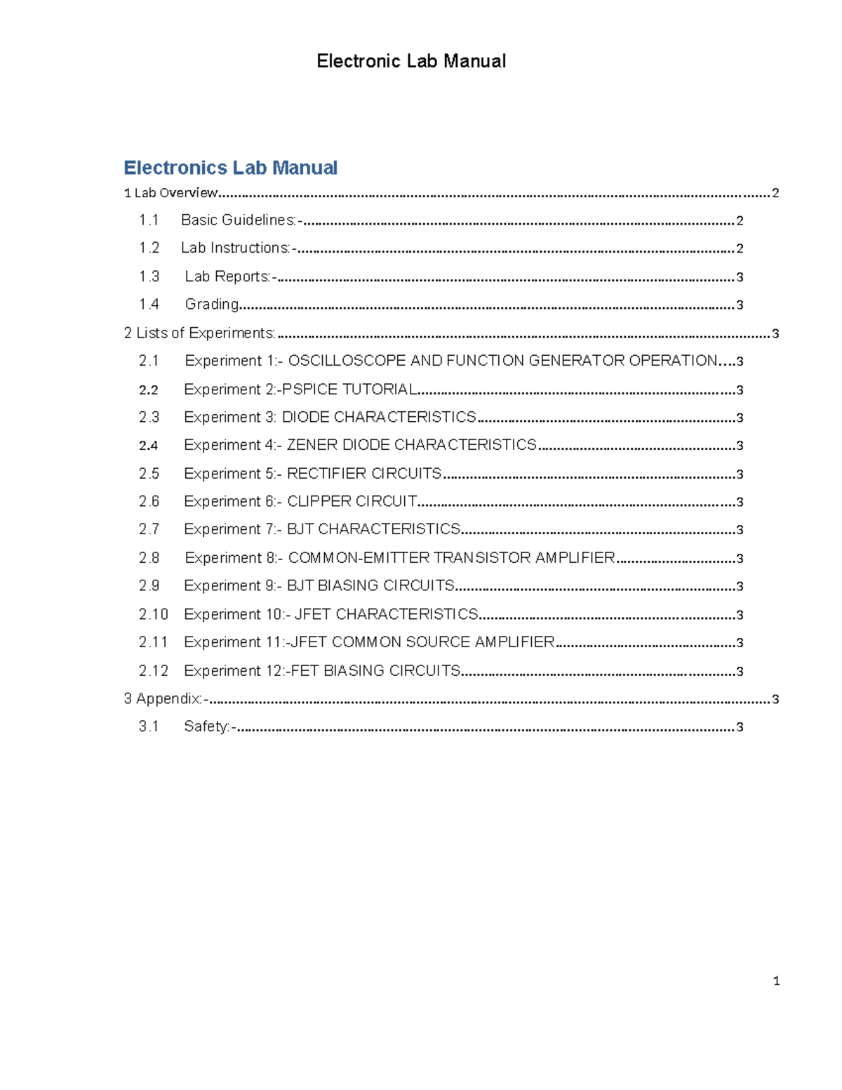 BEE lab manual - material content - Electronic Lab Manual 1 Lab - Studocu