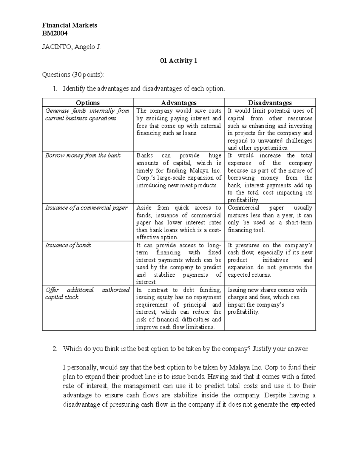 01 Activity 1 Financial Markets - Financial Markets BM JACINTO, Angelo ...