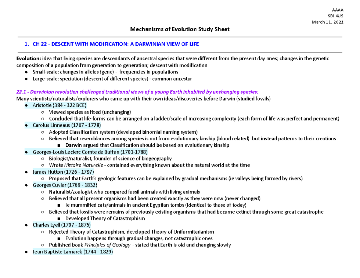 Evolution Summary Sheet - AAAA SBI 4U March 11, 2022 Mechanisms of ...