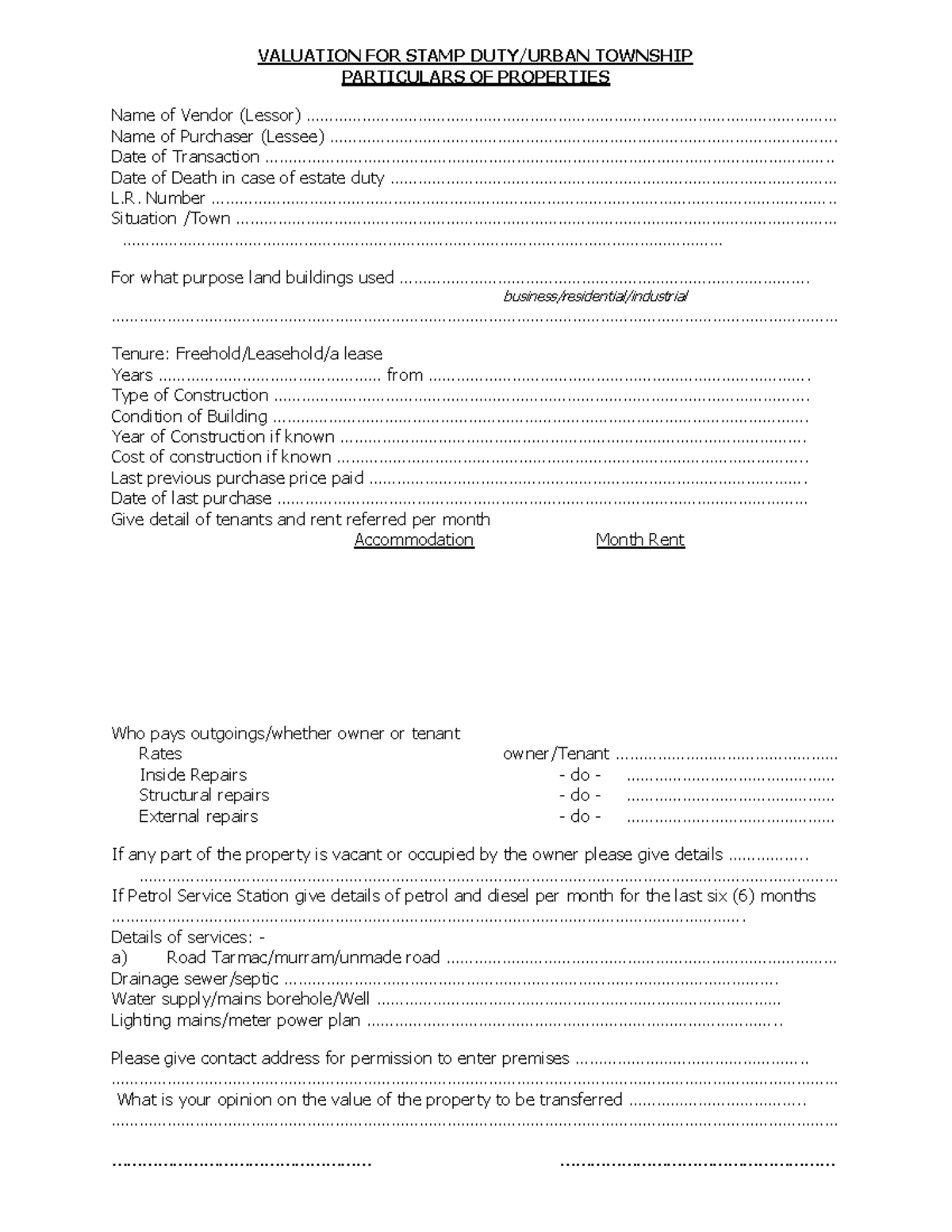 Valuation Form Stamp Duty - VALUATION FOR STAMP DUTY/URBAN TOWNSHIP ...