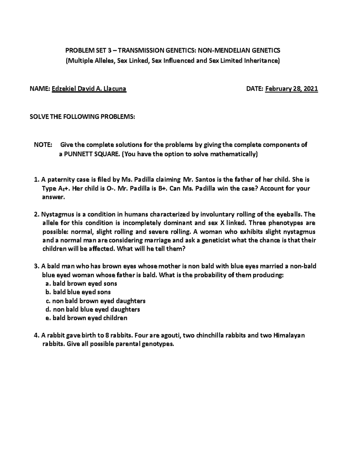III-23 Problem Set 3 Llacuna - PROBLEM SET 3 – TRANSMISSION GENETICS: NON-MENDELIAN GENETICS ...