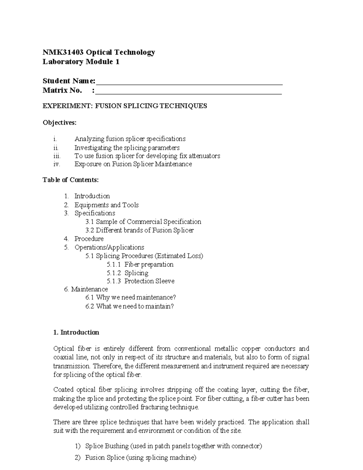 Lab 1 Splicing - Assignment - NMK31403 Optical Technology Laboratory ...