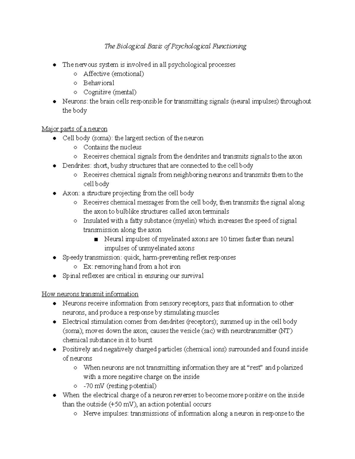 Chapter 3 notes - The Biological Basis of Psychological Functioning The ...