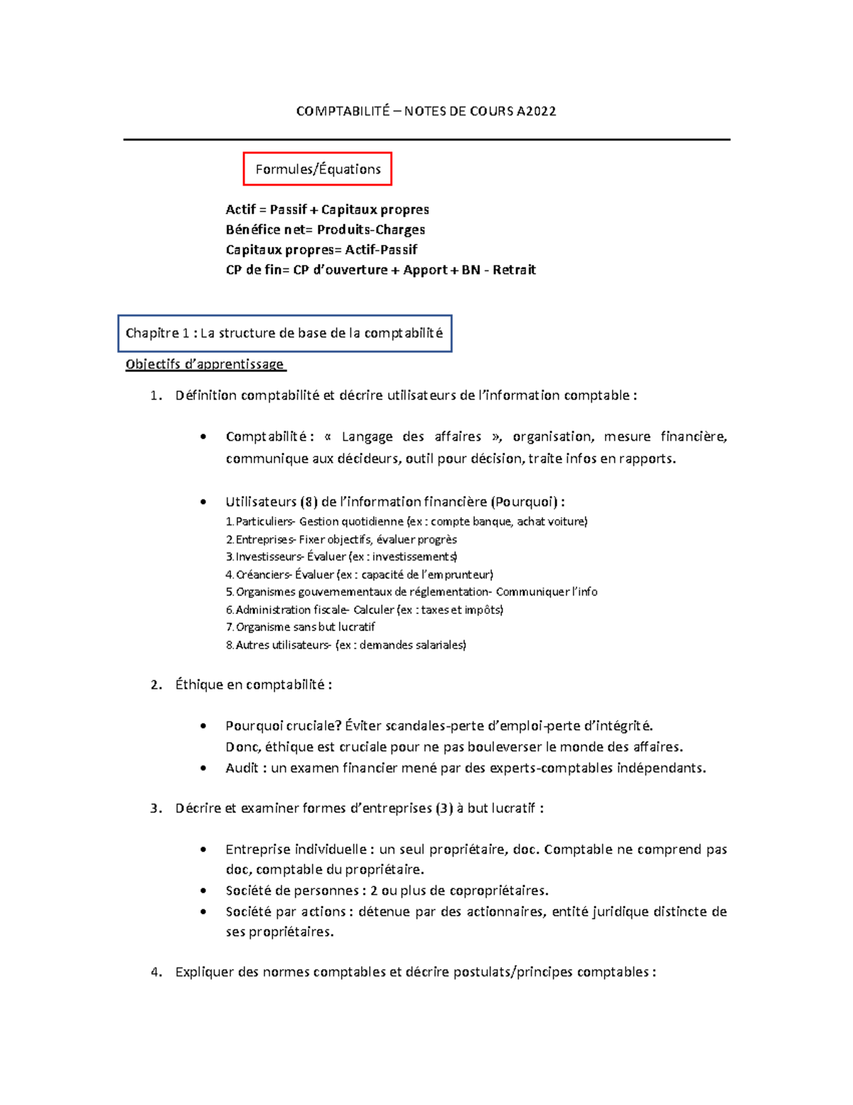 Comptabilité Chapitres 1 2 3 - COMPTABILITÉ – NOTES DE COURS A Formules ...