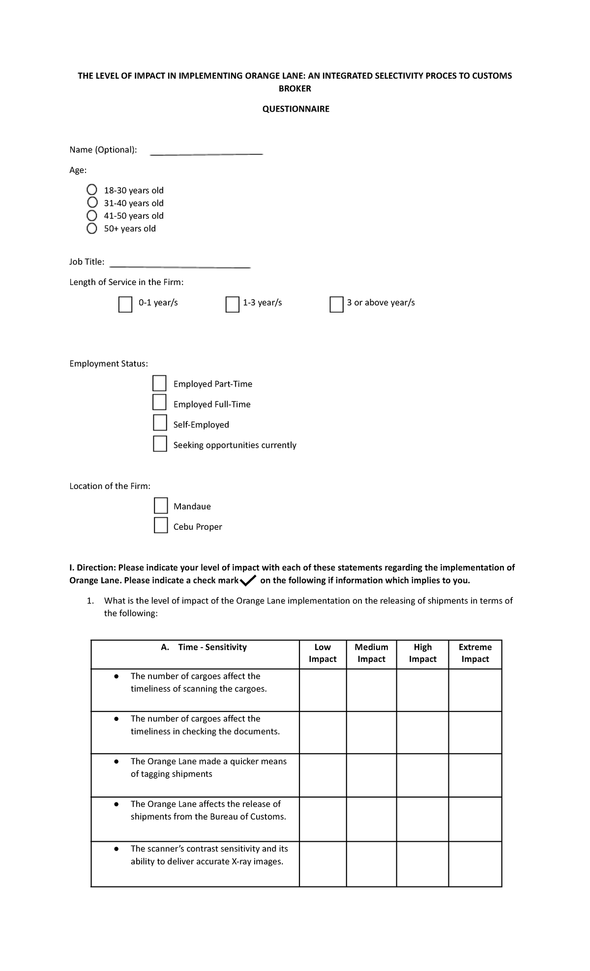 PQ3 - Prelim Quiz - THE LEVEL OF IMPACT IN IMPLEMENTING ORANGE LANE: AN ...