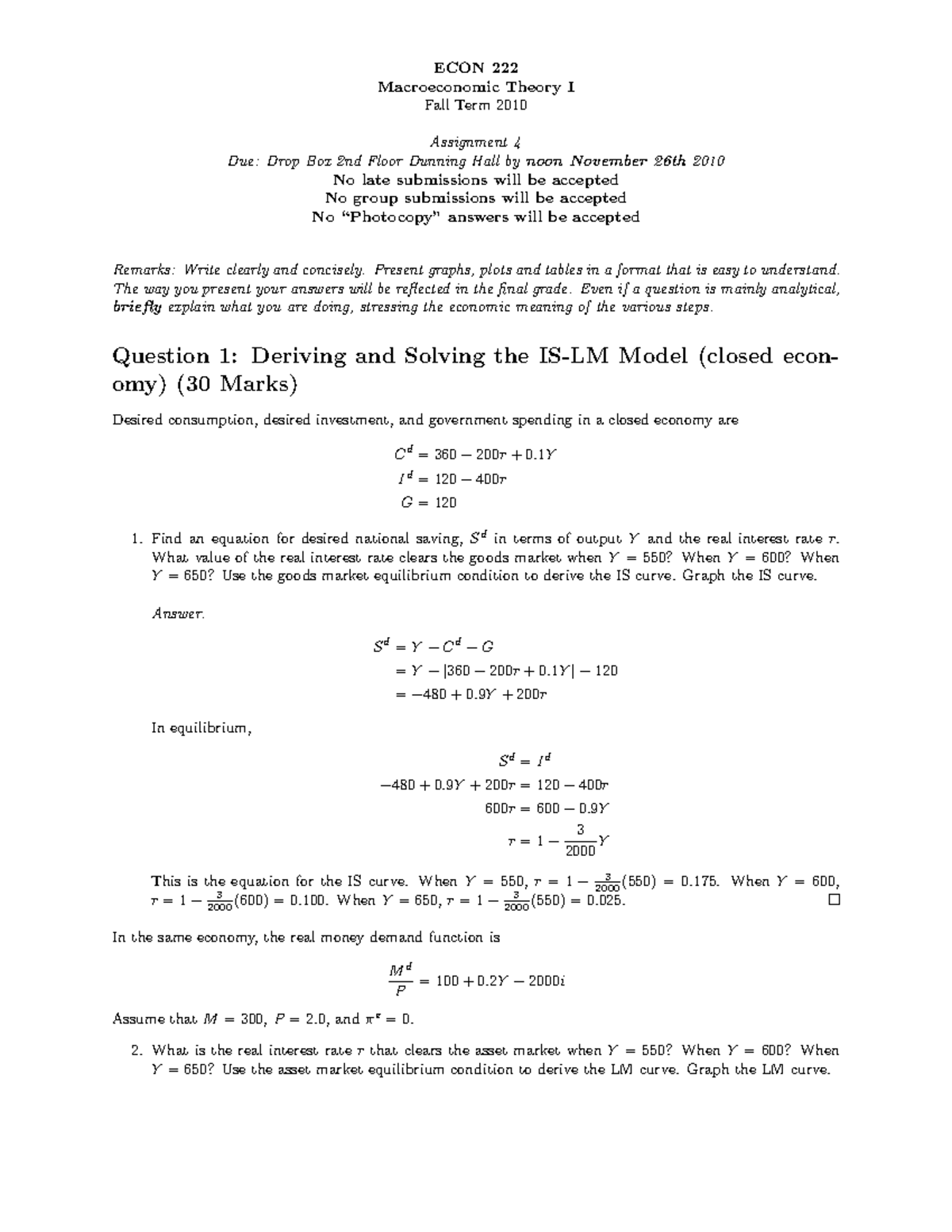 ECON 222 - ECON 222 Macroeconomic Theory I Fall Term 2010 Assignment 4 ...