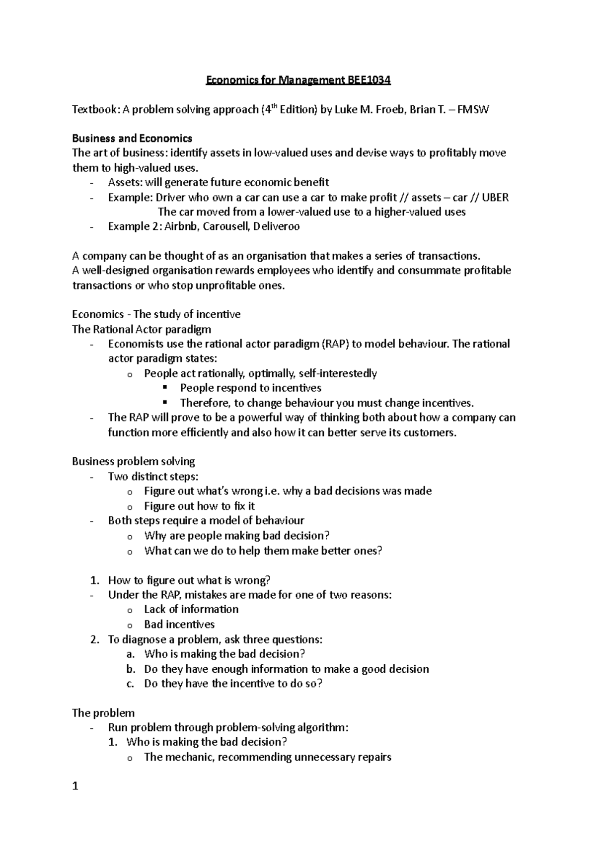 Economics for Management BEE1034 - Economics for Management BEE Textbook: A problem solving ...