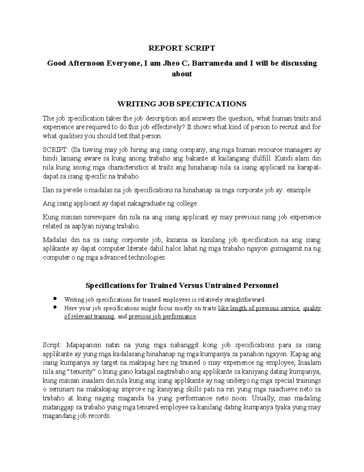 Understanding Writing-JOB- Specifications - REPORT SCRIPT Good ...